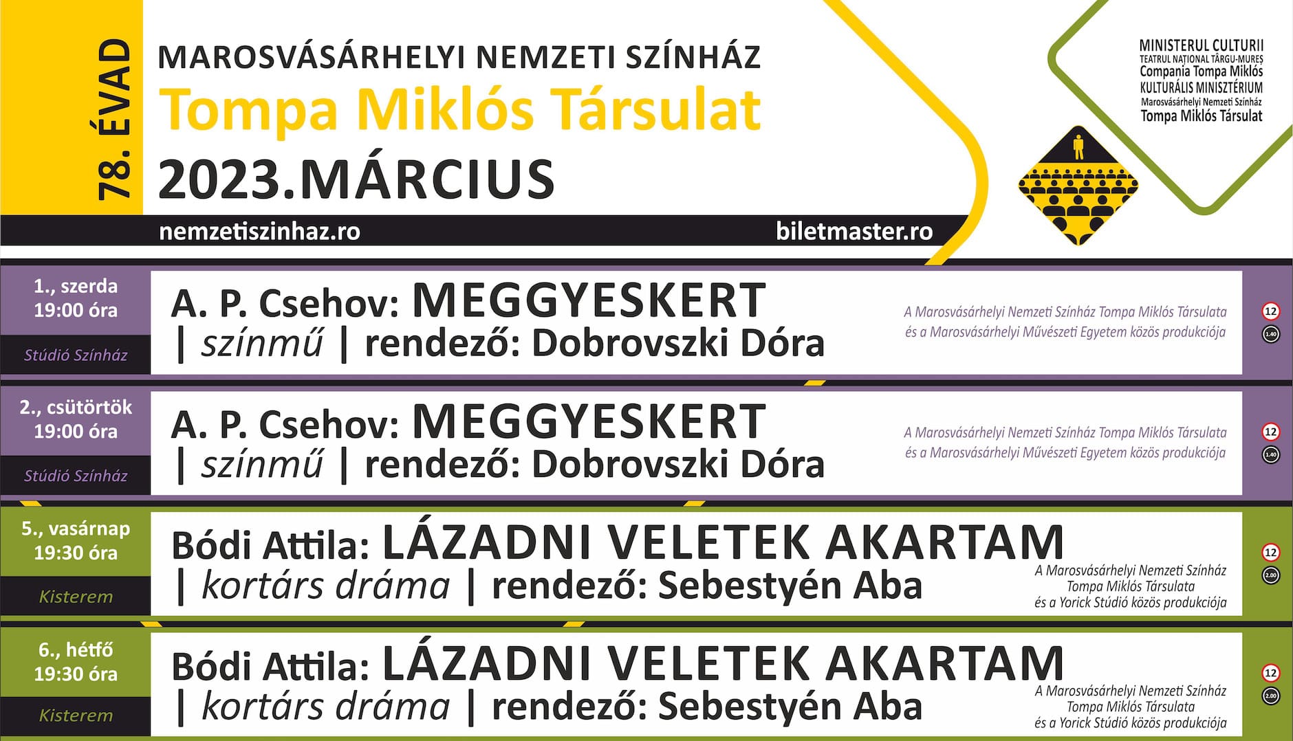 A Marosvásárhelyi Nemzeti Színház – Tompa Miklós Társulat 2023. márciusi tervezett műsorrendje ...